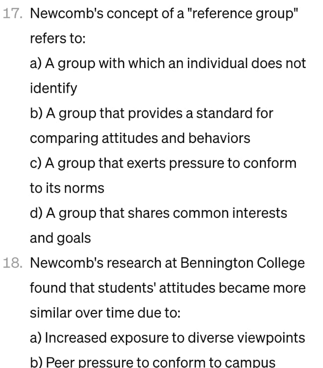 Solved Newcomb's concept of a "reference group" refers to:a) | Chegg.com