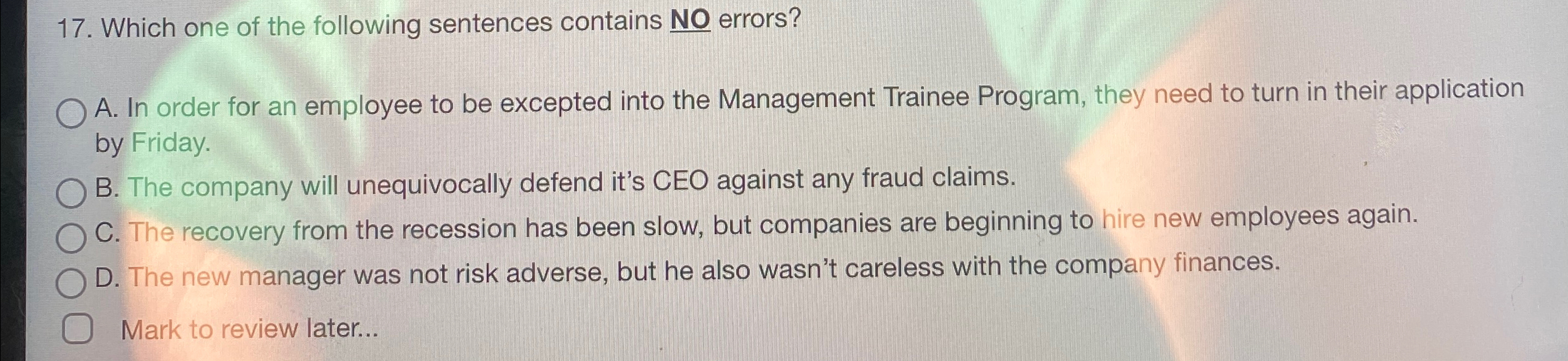 Solved Which one of the following sentences contains NO | Chegg.com