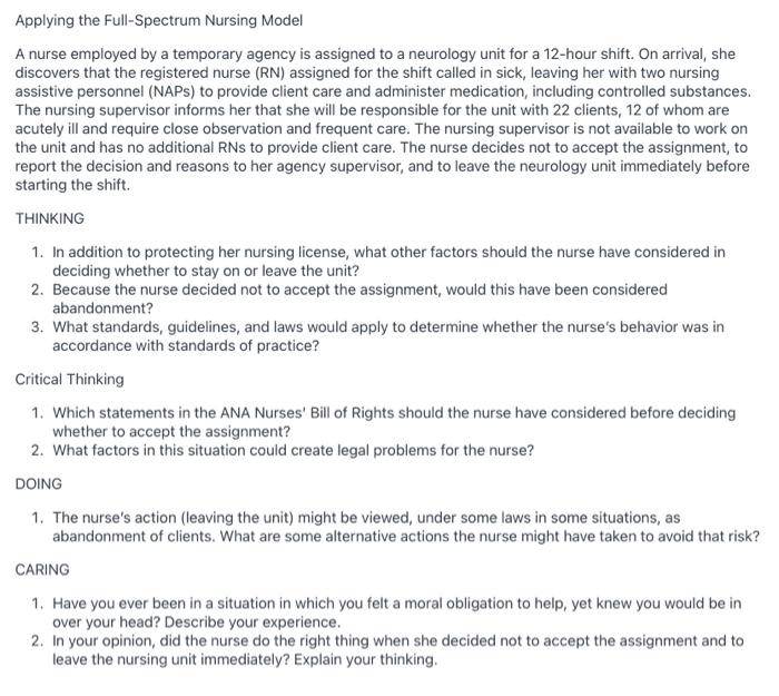 Solved Applying the Full-Spectrum Nursing Model A nurse | Chegg.com