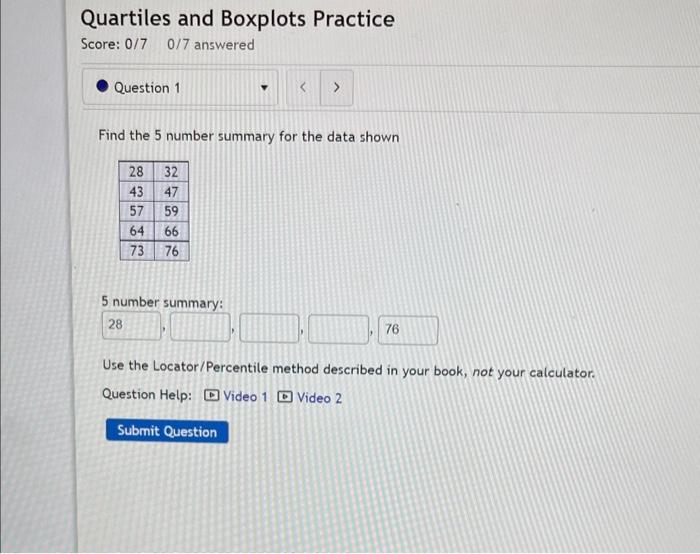 Solved Quartiles and Boxplots Practice Score: 0/70/7 | Chegg.com