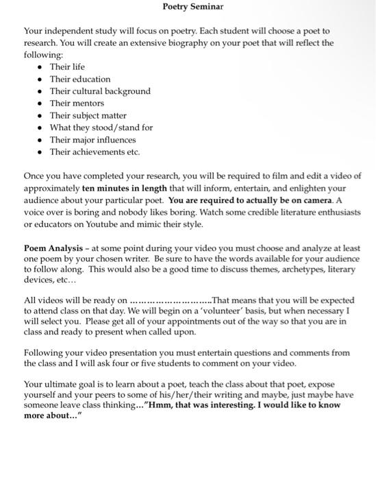 Poetry Seminar Your independent study will focus on | Chegg.com