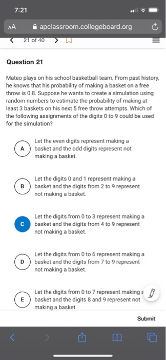 Solved 7:21 AA apclassroom.collegeboard.org 21 of 40 > W | Chegg.com