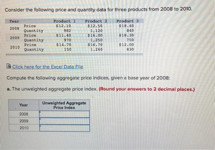 Solved Consider the following price and quantity data for | Chegg.com