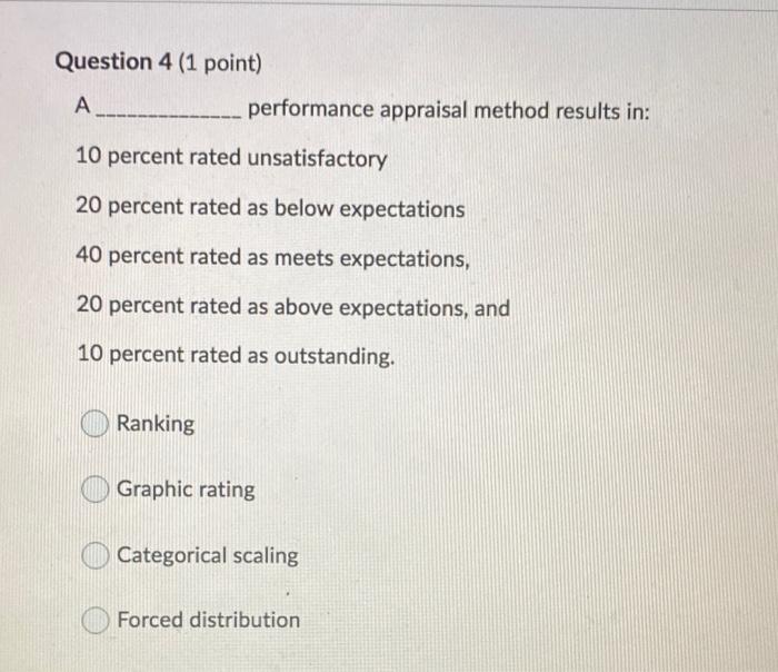 Solved Question 4 (1 point) А performance appraisal method | Chegg.com