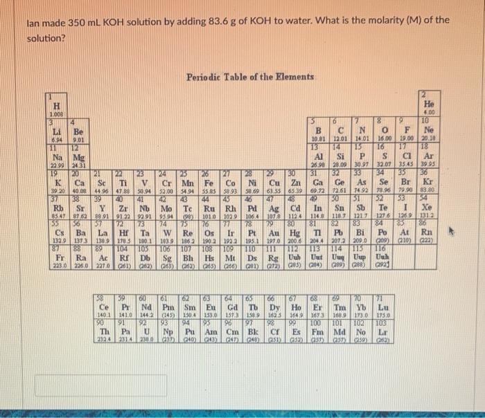 Solved lan made 350 mL KOH solution by adding 83.6 g of KOH | Chegg.com