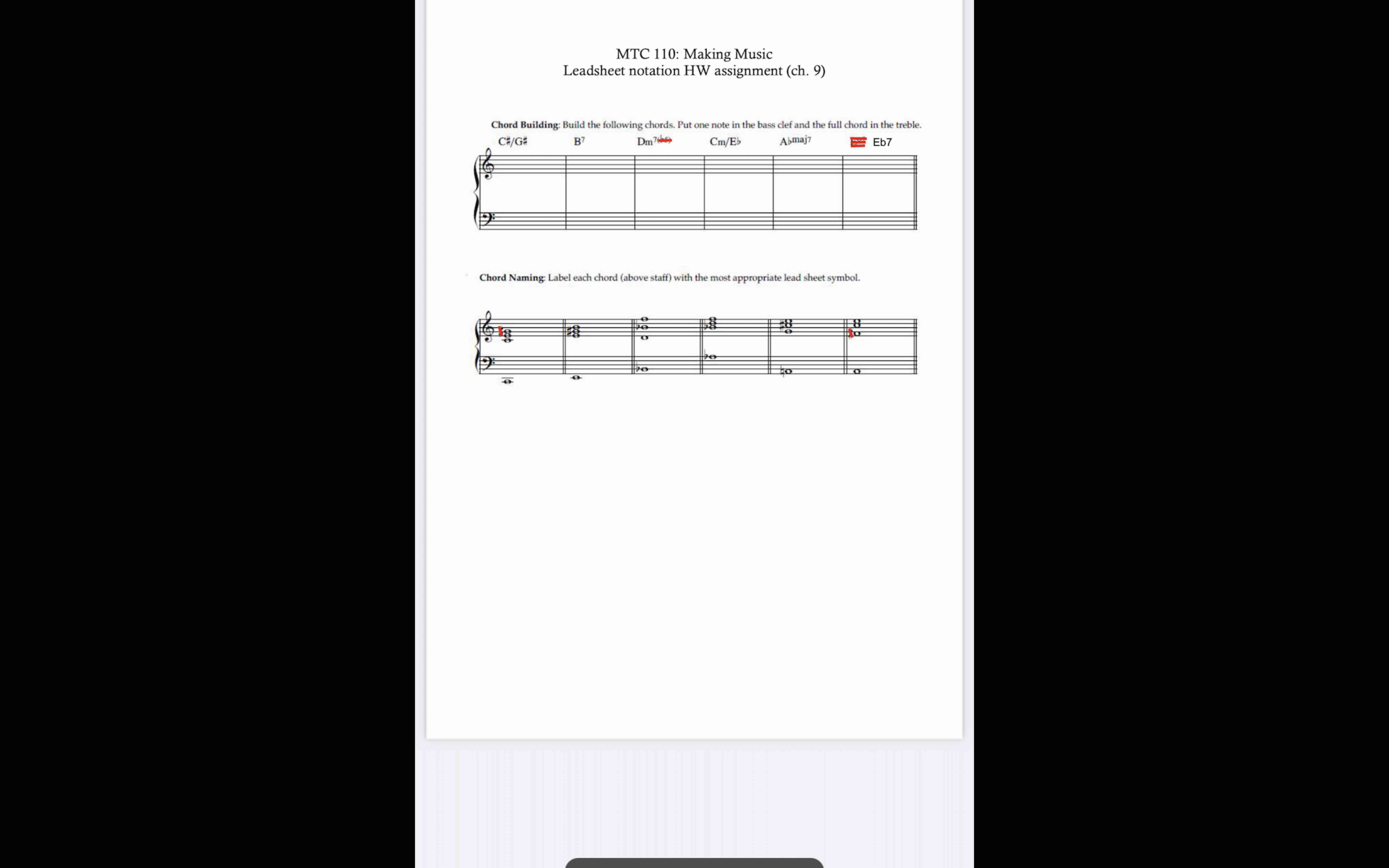 MTC 110: Making Music Leadsheet notation HW | Chegg.com