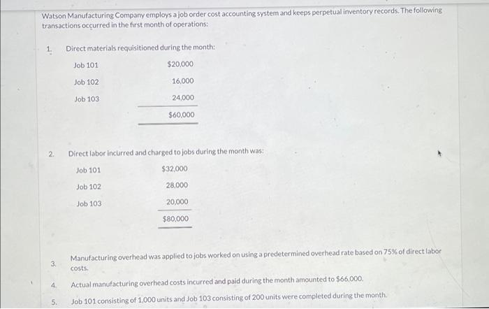 Solved Watson Manufacturing Company employs a job order cost | Chegg.com