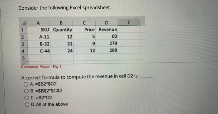 Solved Consider the following Excel spreadsheet. Reference: | Chegg.com