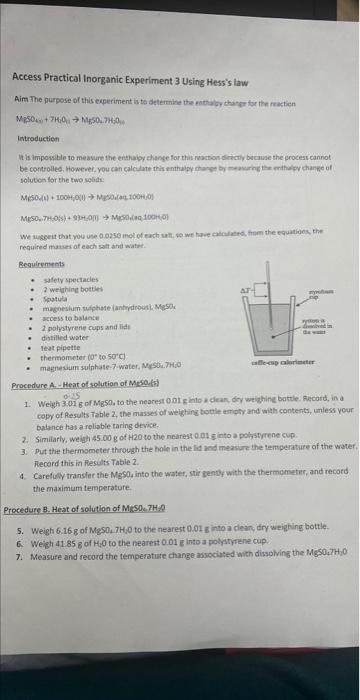 Solved Access Practical Inorganic Experiment 3 Using Hess's | Chegg.com