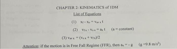 List of Equations (1) xf−xo=vavxt (2) vfx−vox=axt(a= | Chegg.com