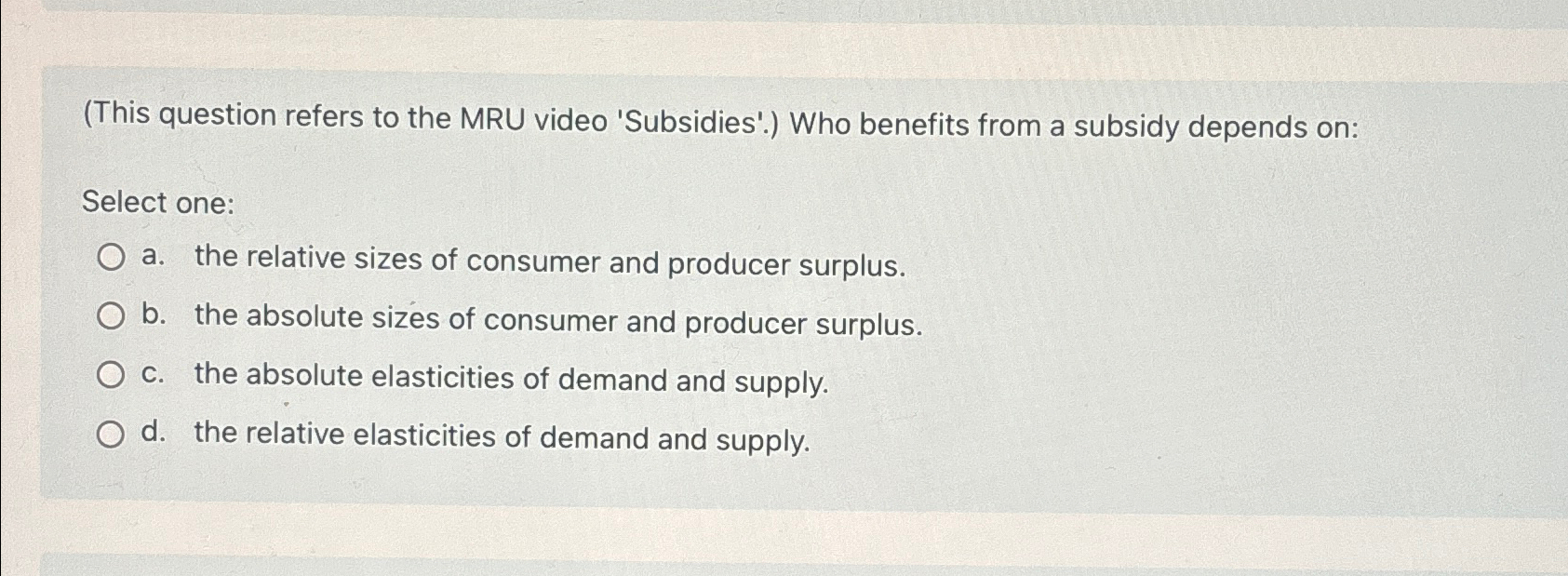 Solved (This question refers to the MRU video 'Subsidies'.) | Chegg.com