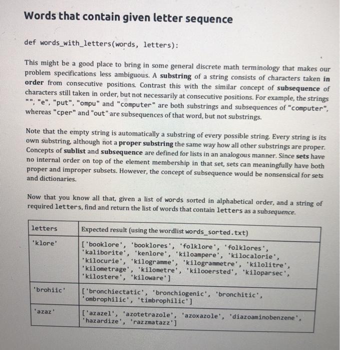 Solved Words that contain given letter sequence def | Chegg.com