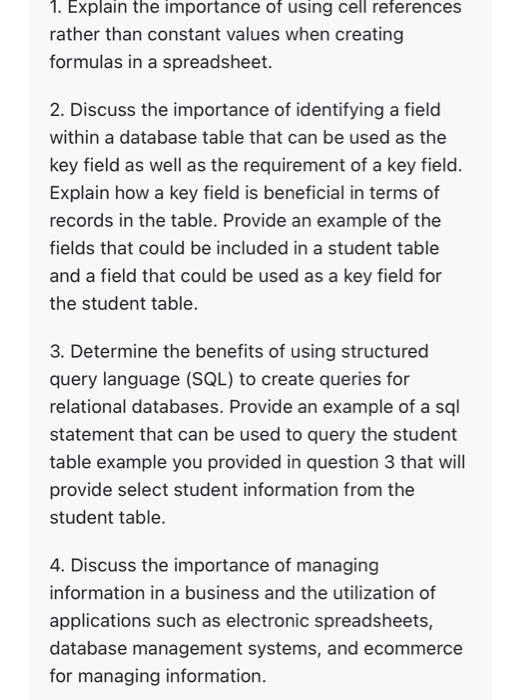 Solved 1. Explain the importance of using cell references | Chegg.com