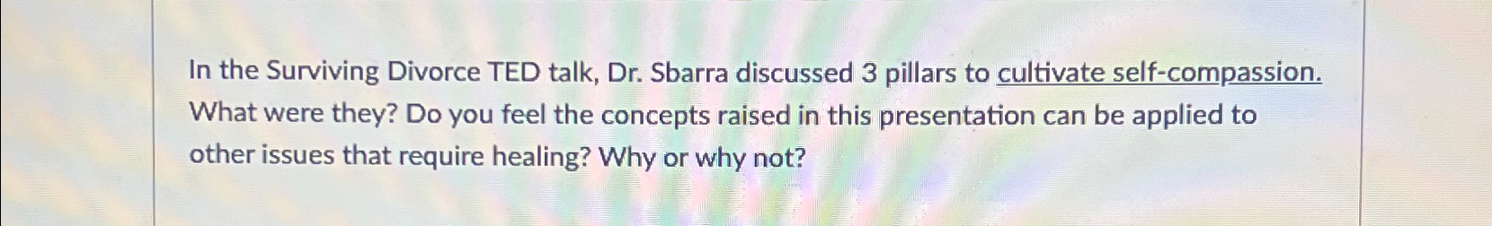 Solved In the Surviving Divorce TED talk, Dr. ﻿Sbarra | Chegg.com