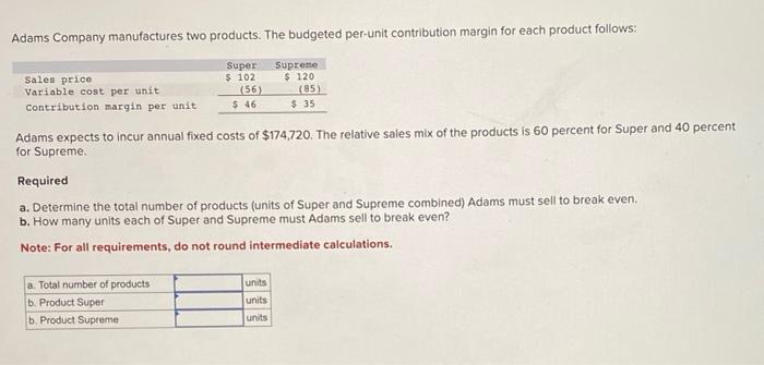 Solved Adams Company manufactures two products. The budgeted | Chegg.com