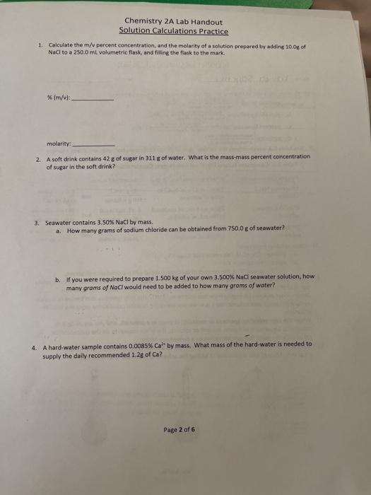 Solved Chemistry 2A Lab Handout Solution Calculations | Chegg.com