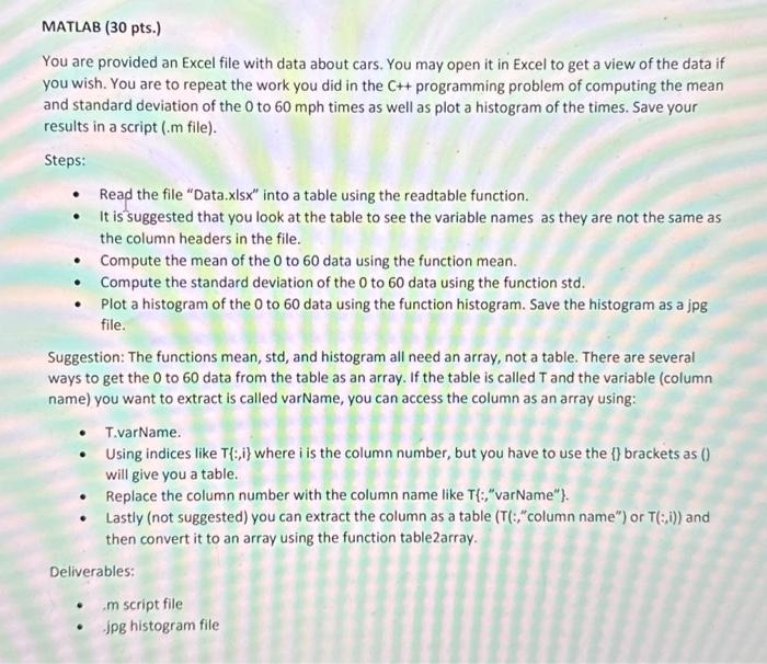 MATLAB (30 pts.) You are provided an Excel file with | Chegg.com