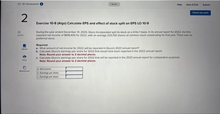 Solved Exercise 10-8 (Algo) Calculate EPS and effect of | Chegg.com