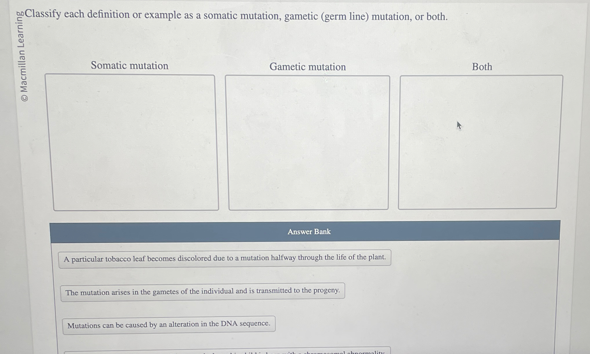 Solved Somatic mutation Gametic mutationAnswer BankA | Chegg.com