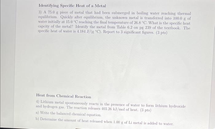 Solved Identifying Specific Heat of a Metal 3) A 75.0 g | Chegg.com