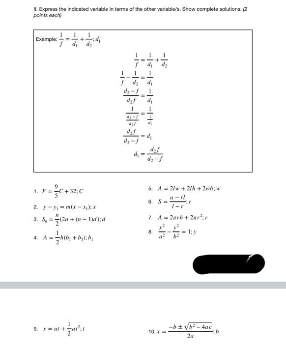 Solved II. Express the indicated variable in terms of the | Chegg.com