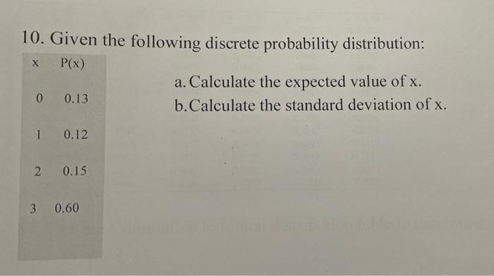 Solved 10. Given the following discrete probability | Chegg.com