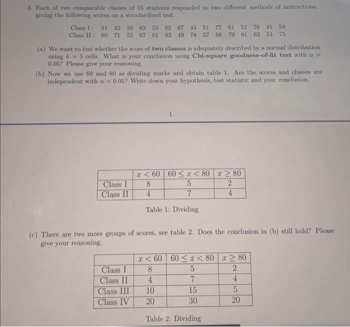 Solved 3. Each of two comparable classes of 15 students | Chegg.com