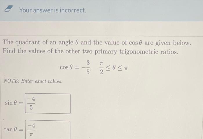 Solved Your answer is incorrect. The quadrant of an angle θ | Chegg.com