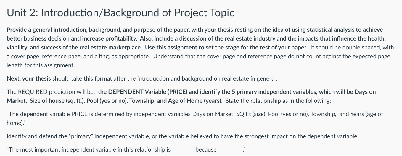 Solved Unit 2: Introduction/Background of Project | Chegg.com