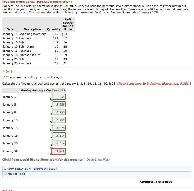 Solved Problem 6-08A al-a2 (Part Level Submission) Concord | Chegg.com