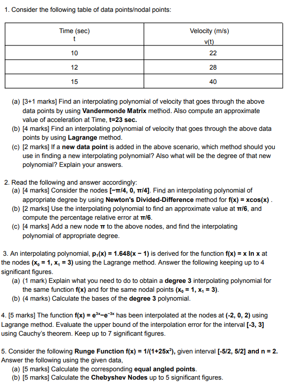 Solved Consider the following table of data points/nodal | Chegg.com