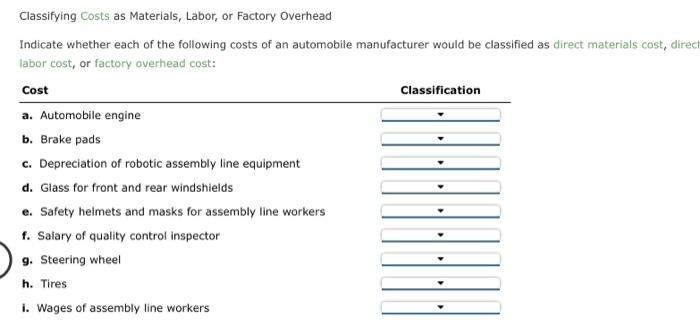 Solved Classifying Costs as Materials, Labor, or Factory | Chegg.com