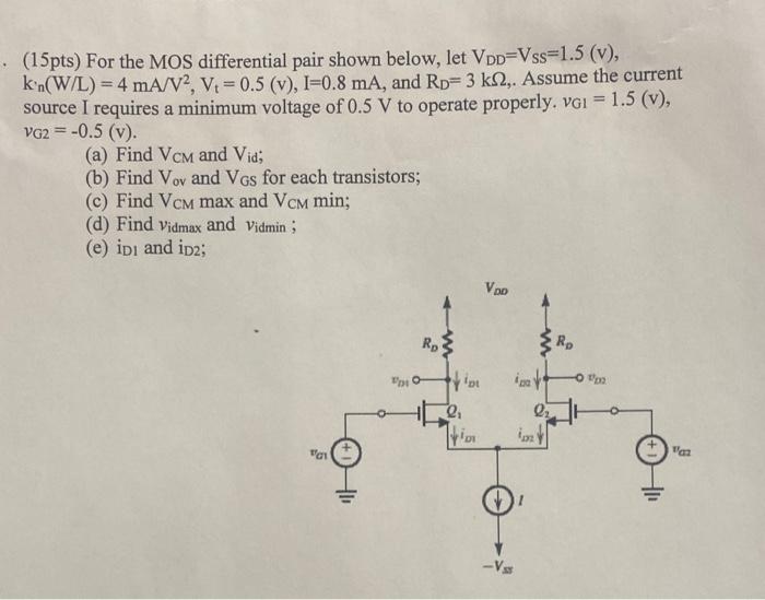 Solved (15pts) For the MOS differential pair shown below, | Chegg.com