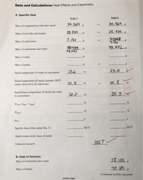 Solved Data and Calculations: Heat Effects and Calorimetry | Chegg.com