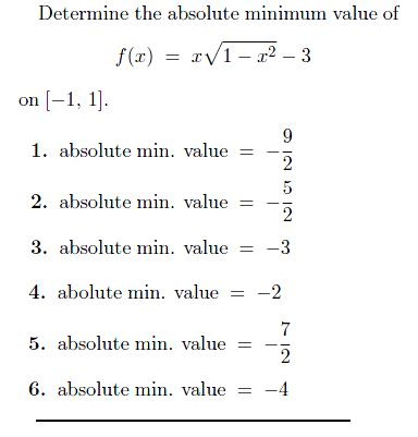 Solved Determine the absolute minimum value of on[-1, 1]. | Chegg.com