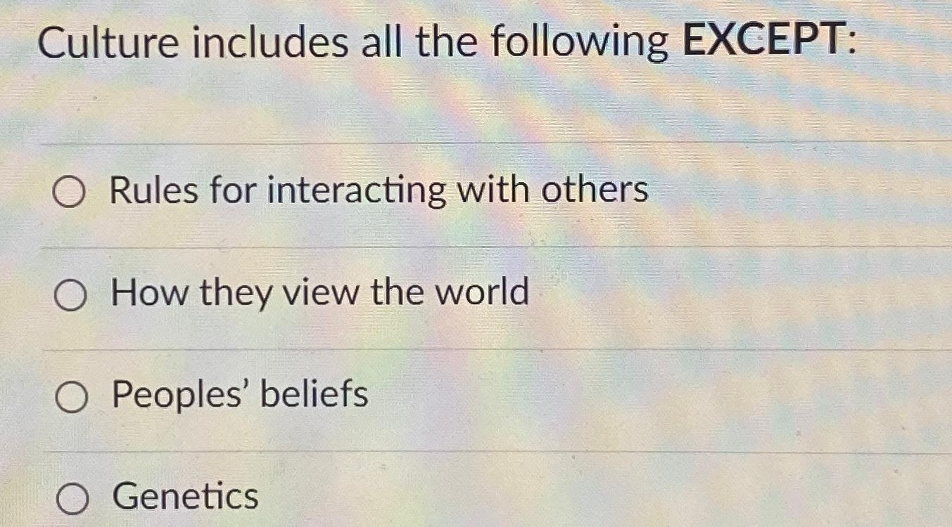Solved Culture includes all the following EXCEPT:Rules for | Chegg.com