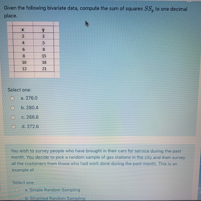 Solved Given the following bivariate data, compute the sum | Chegg.com