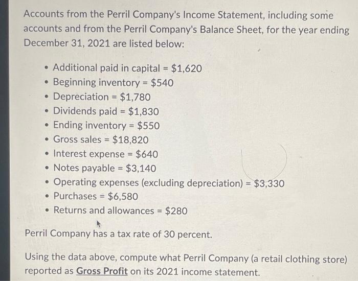 Solved Accounts from the Perril Company's Income Statement, | Chegg.com