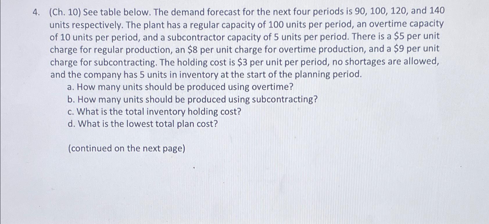 Solved (Ch. 10) ﻿See table below. The demand forecast for | Chegg.com