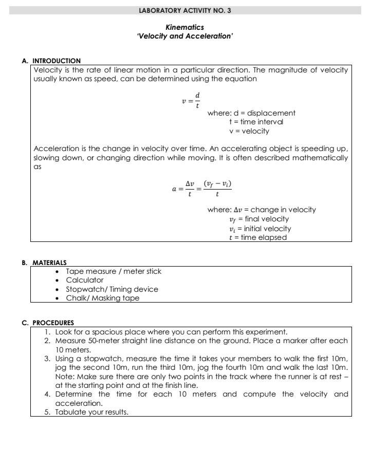 LABORATORY ACTIVITY NO. 3 Kinematics 'Velocity and | Chegg.com