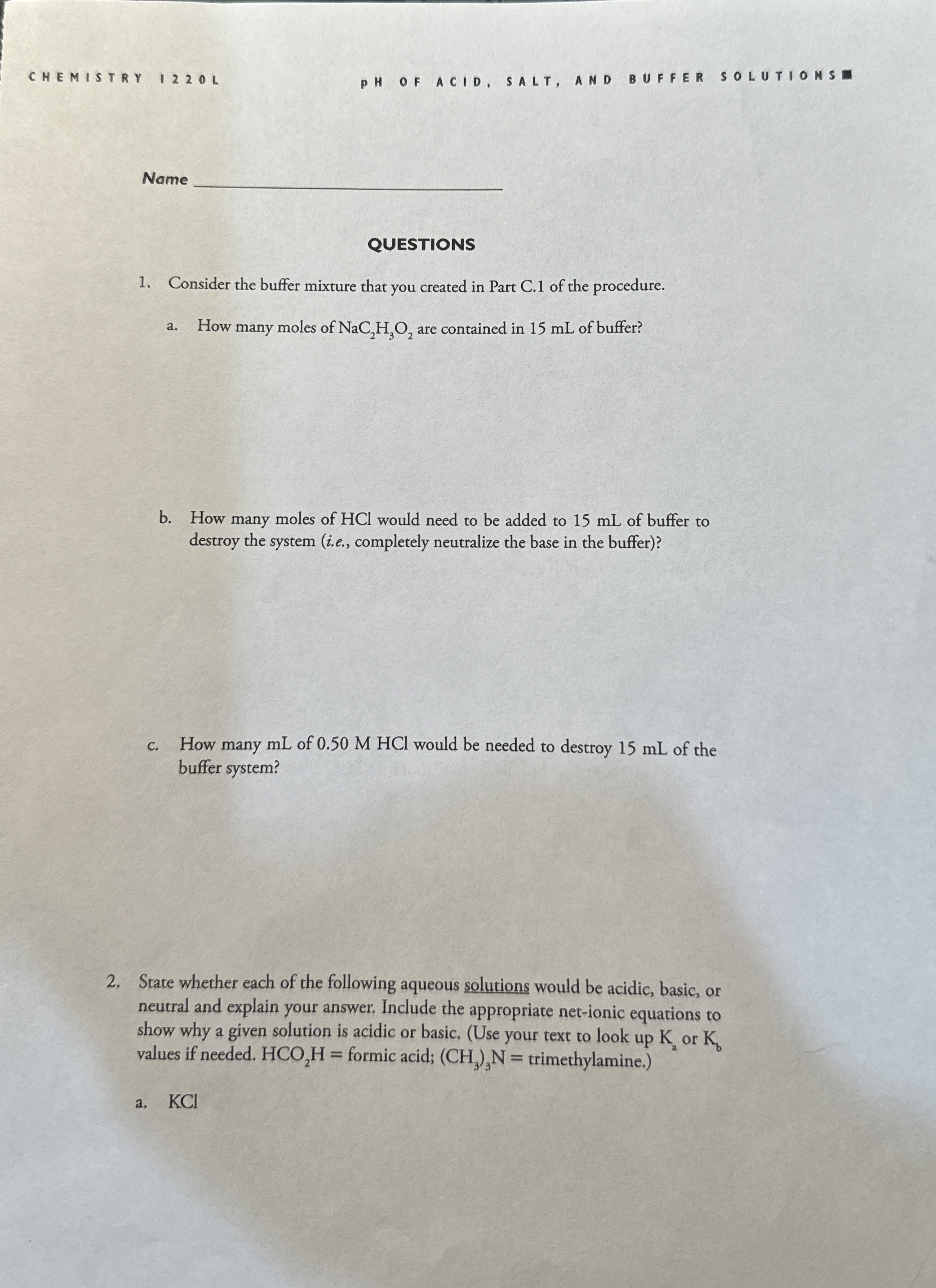 Solved CHEMISTRY 1220 ﻿LPH OFACID, SALT, AND BUFFER | Chegg.com