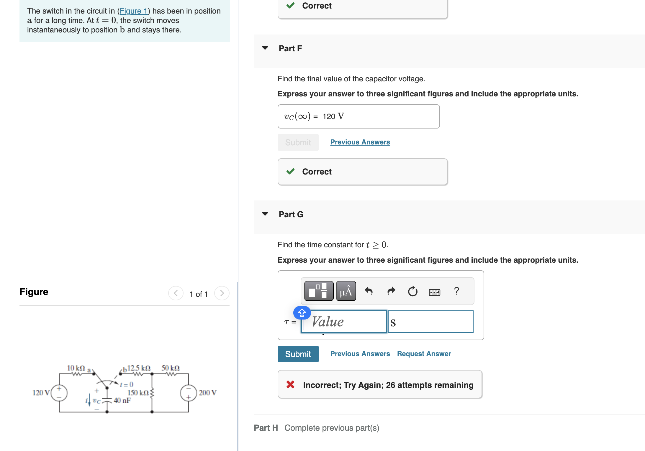 Solved The switch in the circuit in (Figure 1) ﻿has been in | Chegg.com