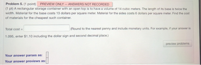 Solved Problem 5. (1 point) PREVIEW ONLY -- ANSWERS NOT | Chegg.com