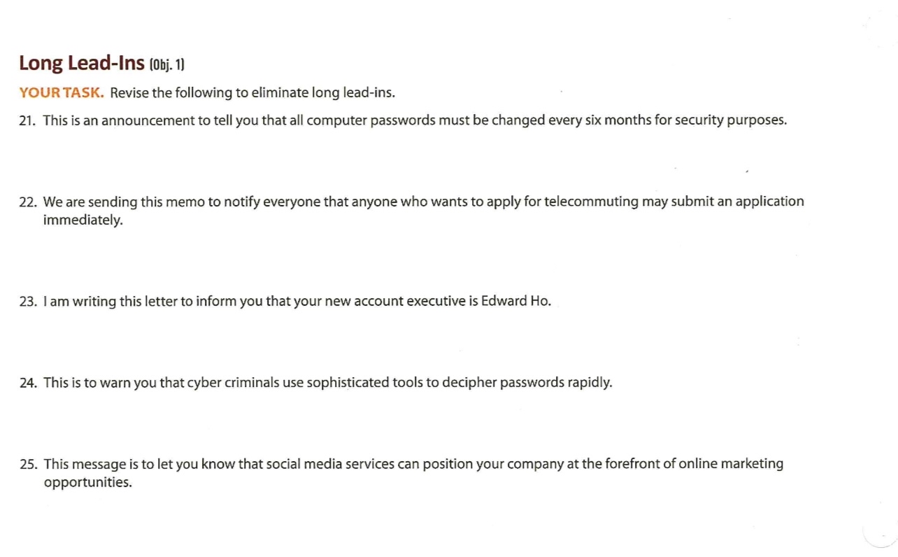 Long Lead-Ins (0bj. 1)YOUR TASK. Revise the following | Chegg.com