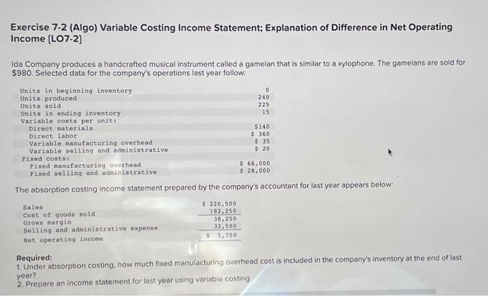 Solved Exercise 7-2 (Algo) Variable Costing Income | Chegg.com