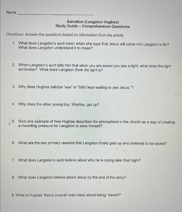 Name Salvation (Langston Hughes) Study Guide - | Chegg.com