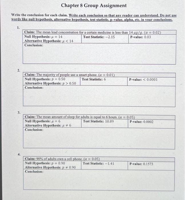 Solved Chapter 8 Group Assignment Write the conclusion for | Chegg.com