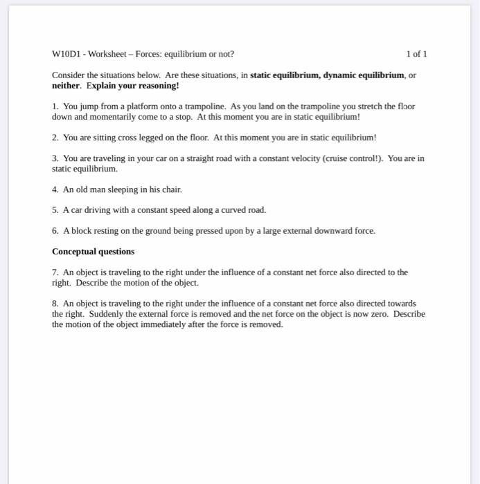 Solved W10D1 - Worksheet - Forces: equilibrium or not? 1 of | Chegg.com