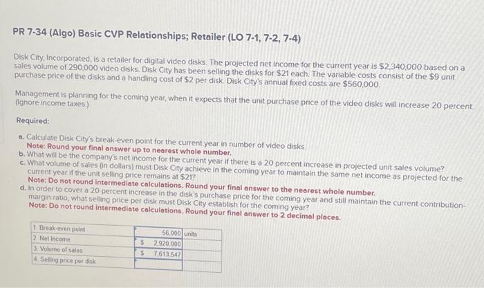 Solved PR 7.34 (Algo) Bosic CVP Relationships; Retailer (LO | Chegg.com