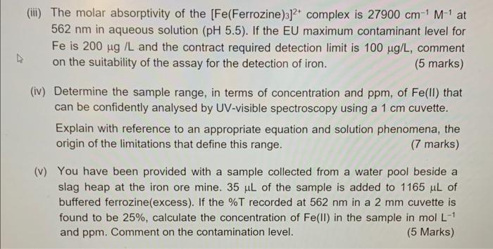 Solved (iii) The molar absorptivity of the [Fe( Ferrozine) | Chegg.com